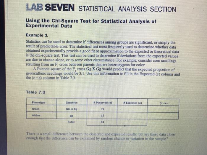 Solved LAB SEVEN STATISTICAL ANALYSIS SECTION Using the | Chegg.com
