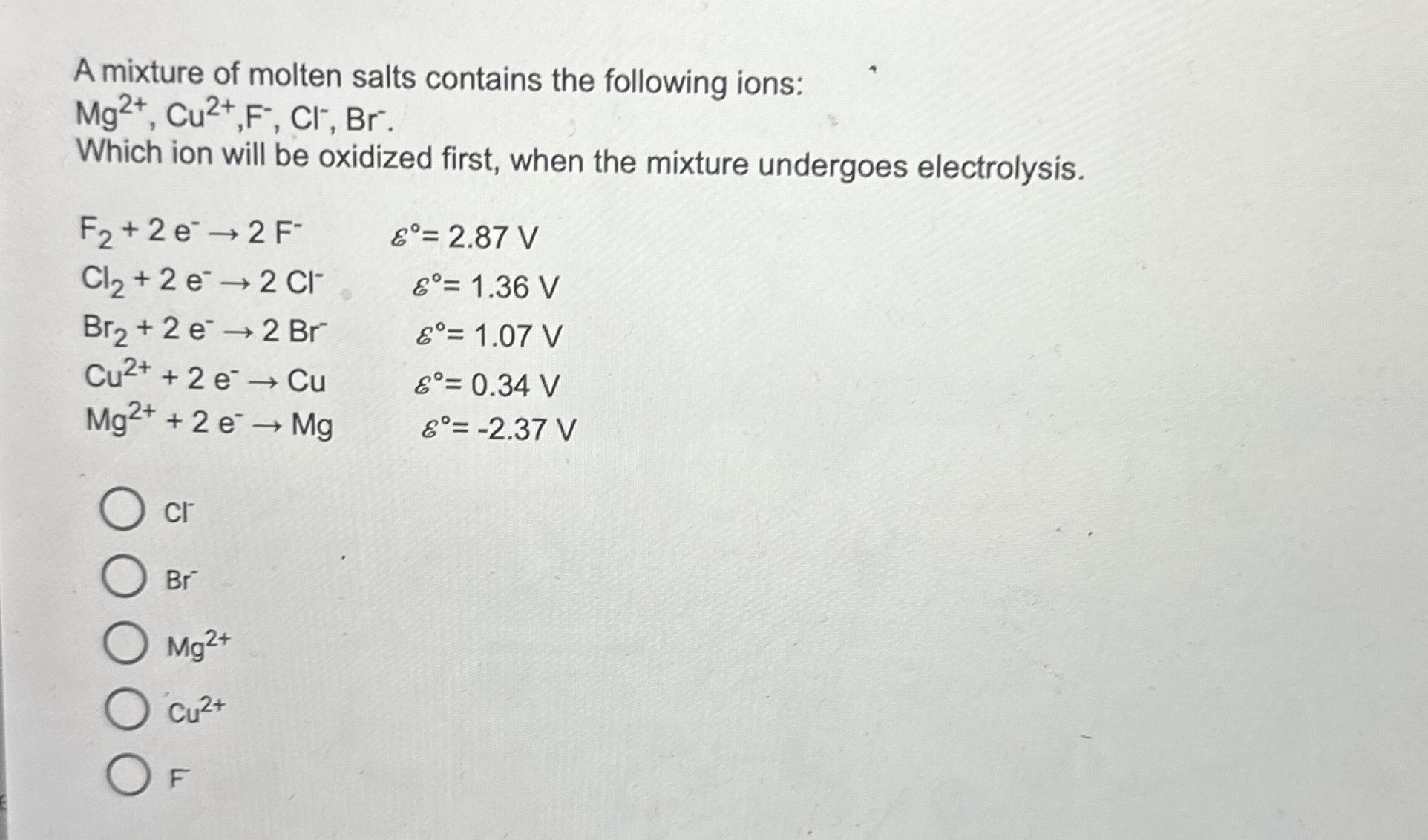 Solved A mixture of molten salts contains the following | Chegg.com