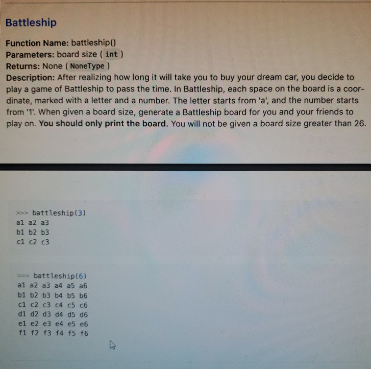 Solved Battleship Function Name: battleship) Parameters: | Chegg.com