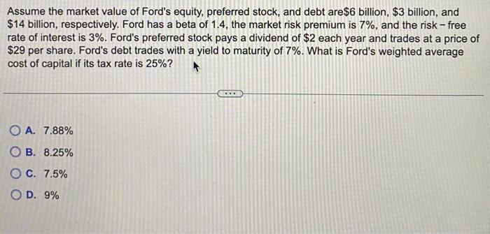 Solved Assume the market value of Ford's equity, preferred | Chegg.com Solved Assume the market value of Ford's equity, preferred | Chegg.com