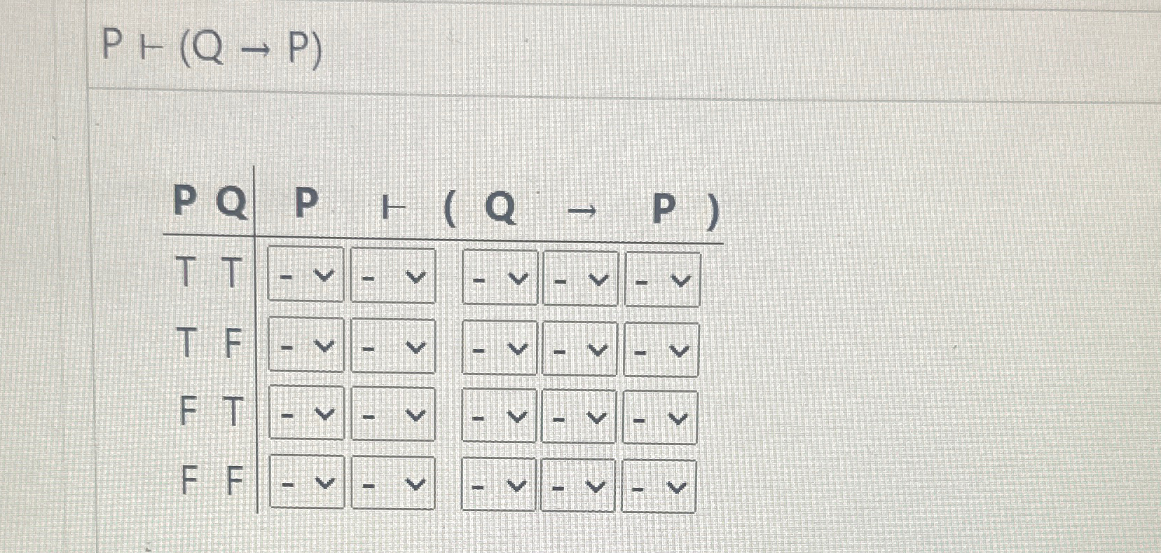 P|--(Q→P)|\table[[PQ,P,+,Q,→,P],[T T,-v,-v,-u ,-2,-v | Chegg.com