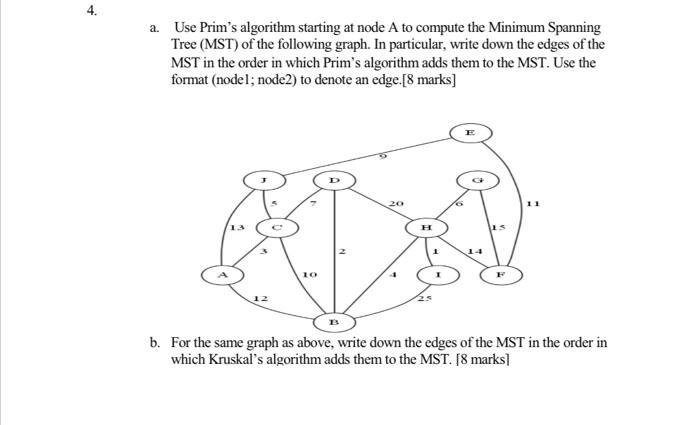 Solved 4. a. Use Prim's algorithm starting at node A to | Chegg.com