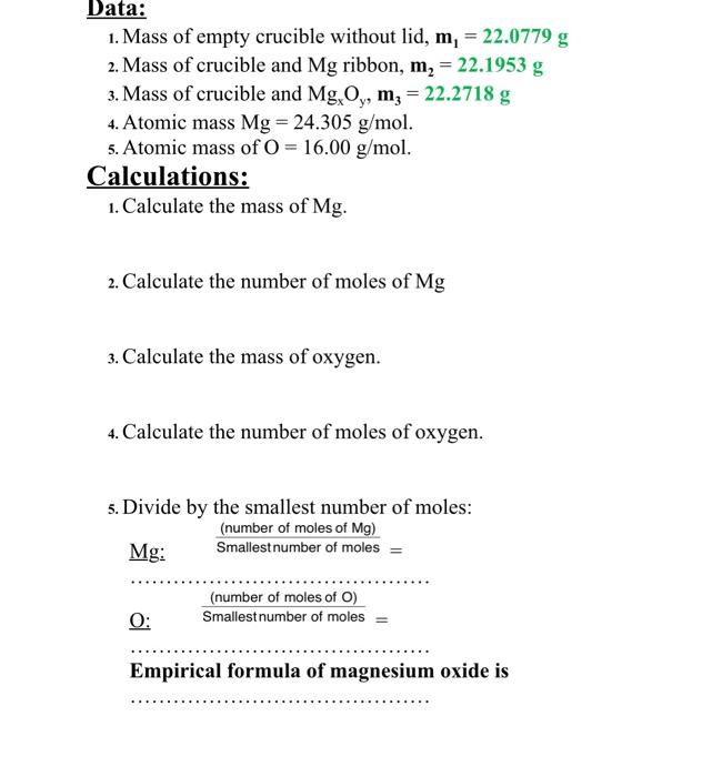 Solved Data: 1. Mass of empty crucible without lid, m, = | Chegg.com