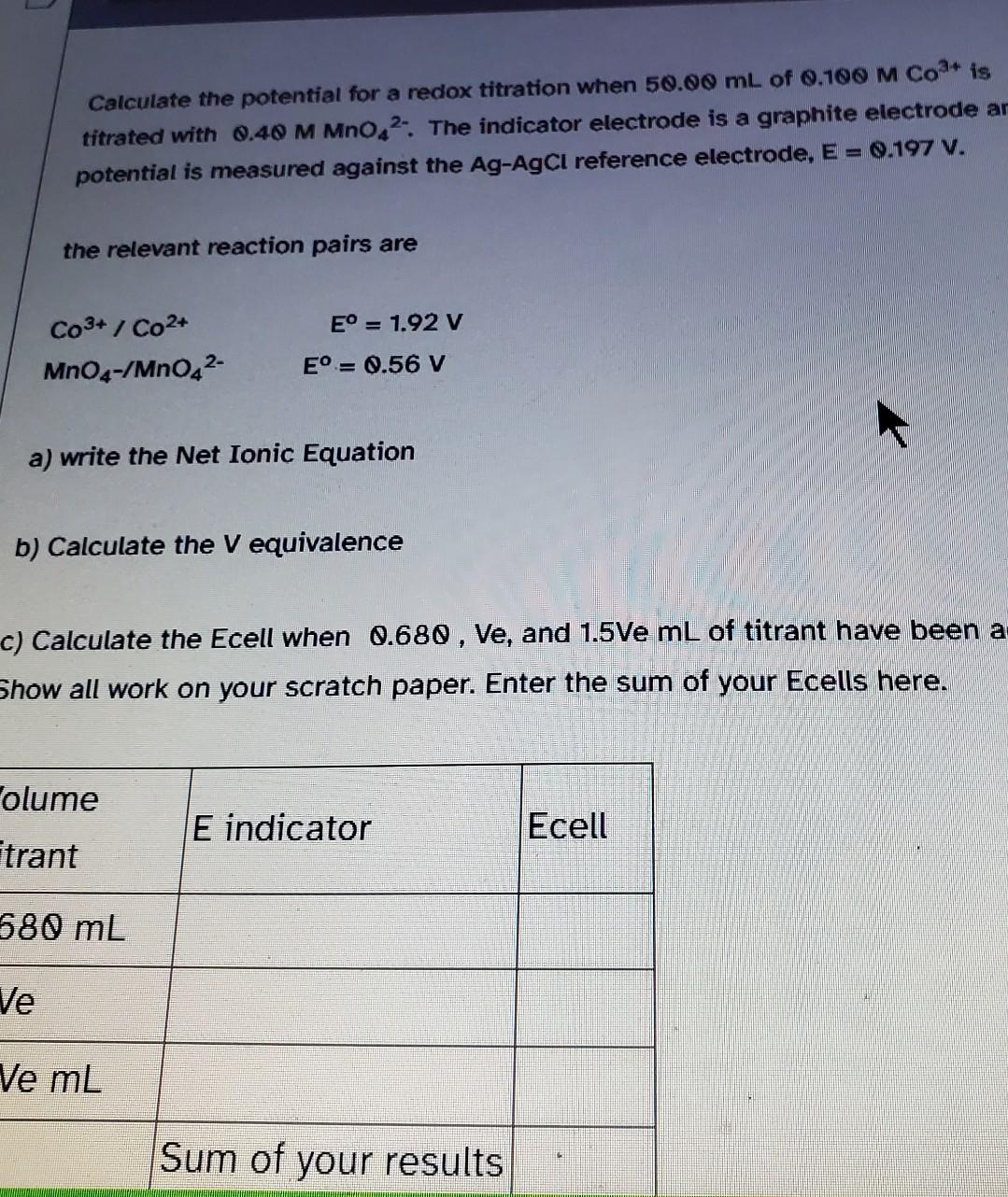 Solved Calculate the potential for a redox titration when | Chegg.com