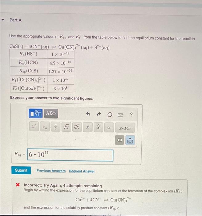 Solved Part A 2 1x 10-19 Use the appropriate values of Ksp | Chegg.com