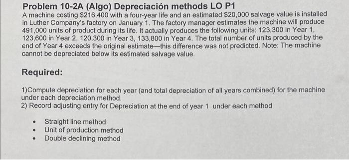 Solved Problem 10-2A (Algo) Depreciación methods LO P1 A | Chegg.com