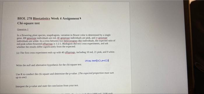 Solved BIOL 278 Biostatistics Week 4 Assignment Chi-square | Chegg.com