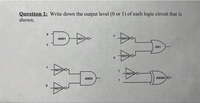 Solved Question 1: Write down the output level ( 0 or 1 ) of | Chegg.com