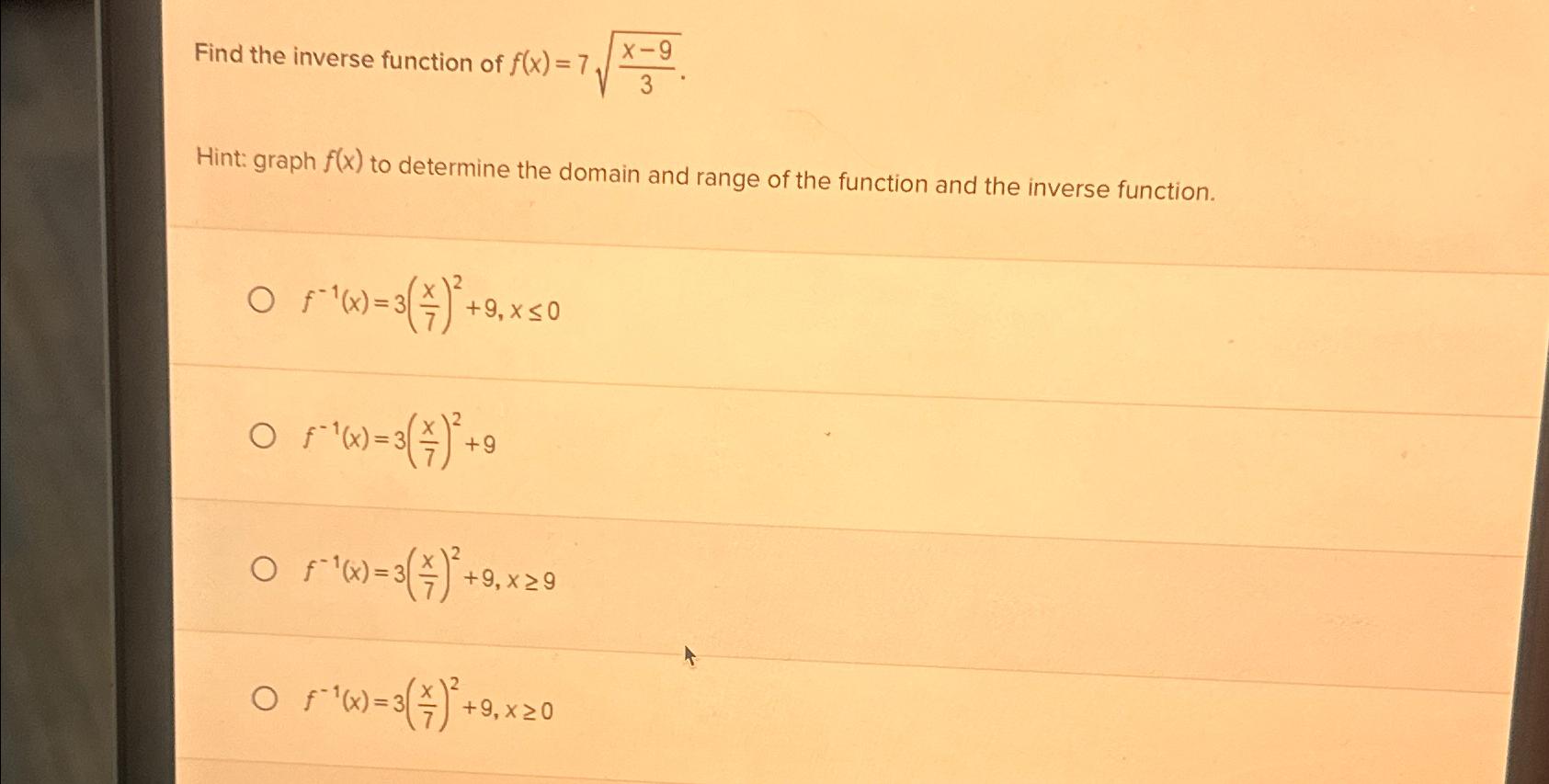 Solved Find the inverse function of f(x)=7x-932.Hint: graph | Chegg.com