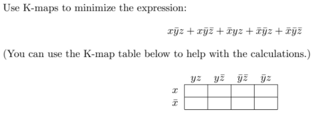 Solved Use K-maps to minimize the expression: xyz + xyz + | Chegg.com