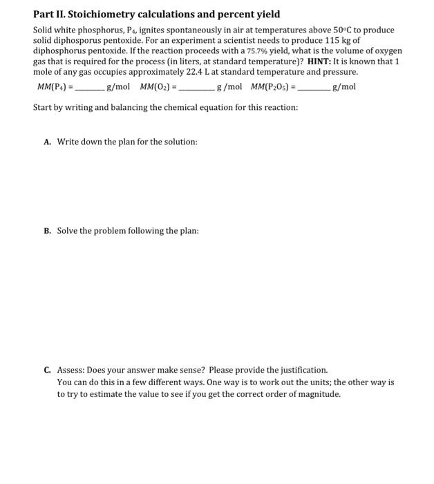 Solved Part II. Stoichiometry calculations and percent yield | Chegg.com