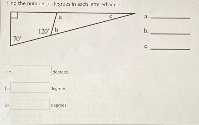 Solved Find the number of degrees in each lettered angle. a. | Chegg.com