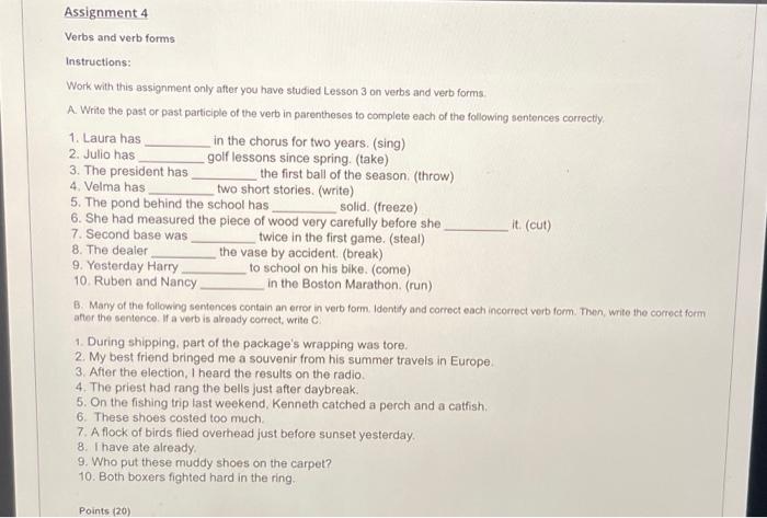 Verbs and verb forms Instructions: Work with this | Chegg.com