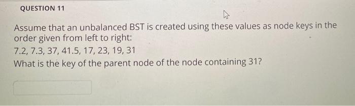 Solved QUESTION 11 Assume that an unbalanced BST is created | Chegg.com