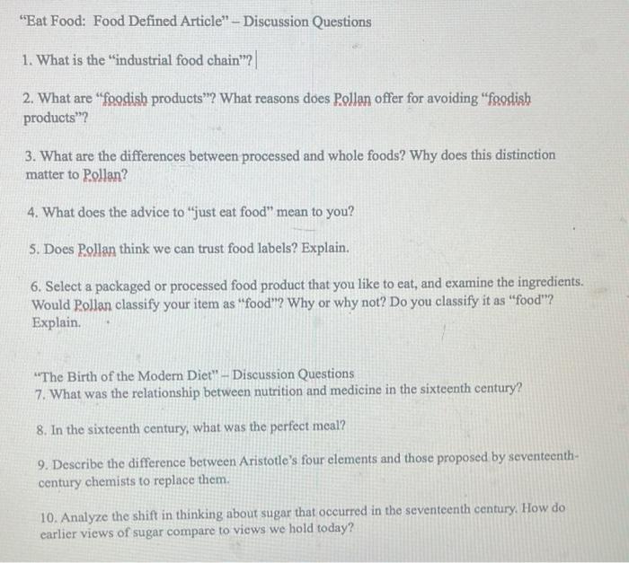 Solved "Eat Food: Food Defined Article" - Discussion | Chegg.com