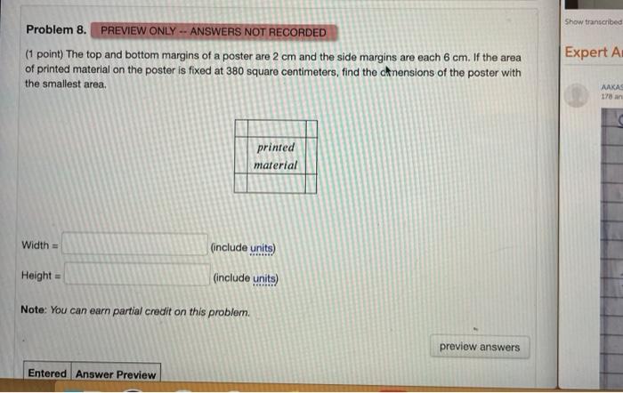Solved Show transcribed Problem 8. PREVIEW ONLY -- ANSWERS | Chegg.com