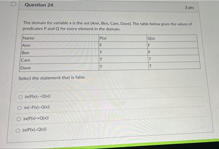 Solved 0 Question 24 The domain for variable x is the set | Chegg.com
