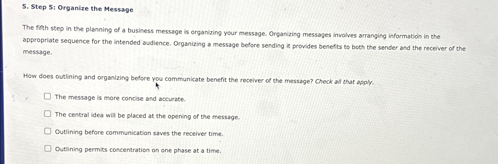 Solved Step 5: Organize the MessageThe fifth step in the | Chegg.com