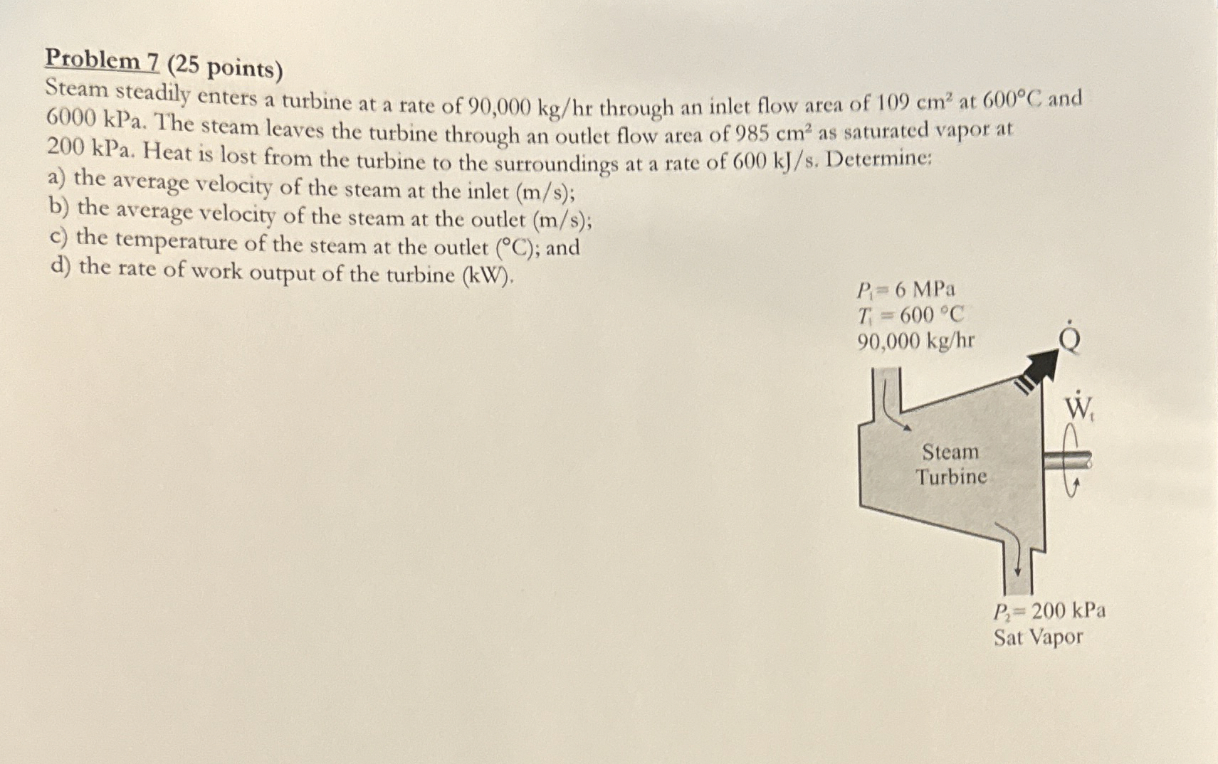 Solved Problem 7 (25 ﻿points)Steam steadily enters a turbine | Chegg.com