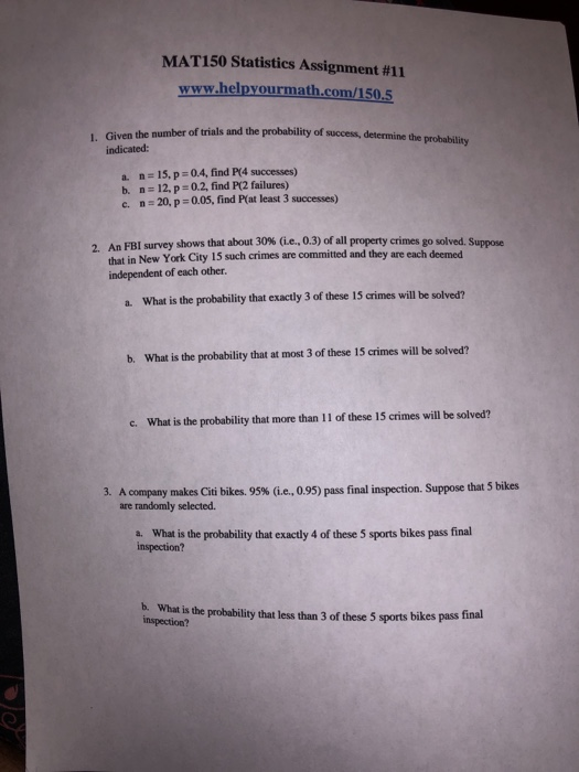 Solved MAT150 Statistics Assignment #11 | Chegg.com