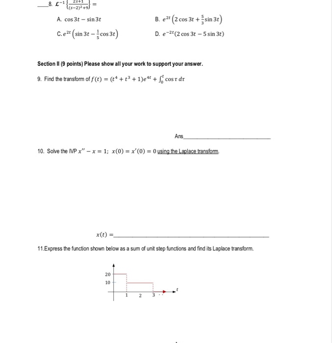 Solved A. cos 3t - sin3t C. et sin 3t -cos 3t) B. e2t (2 cos | Chegg.com