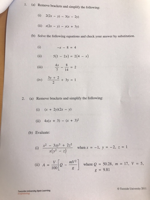 1 a Remove Brackets And Simplify The Following Chegg