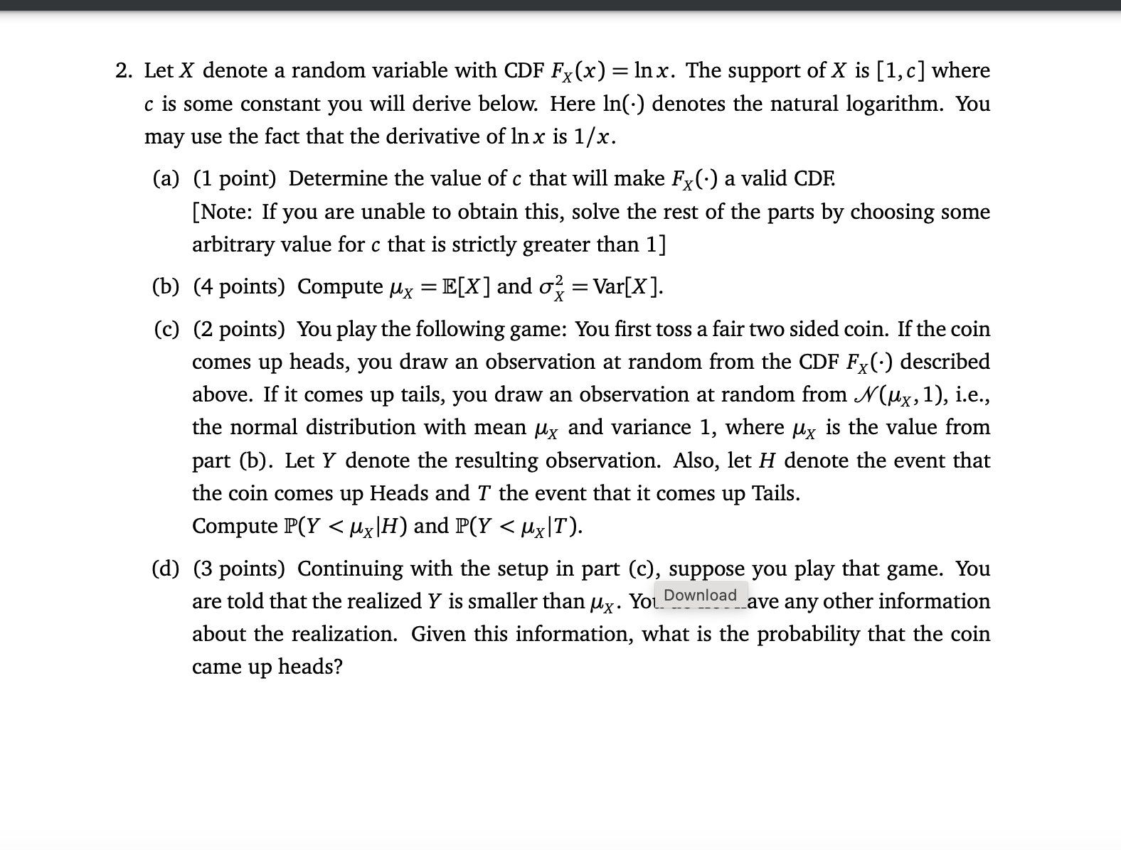 Solved Let x ﻿denote a random variable with CDFFx(x)=lnx. | Chegg.com
