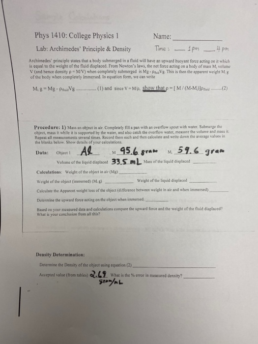 Solved Name: Phys 1410: College Physics 1 Lab: Archimedes' | Chegg.com