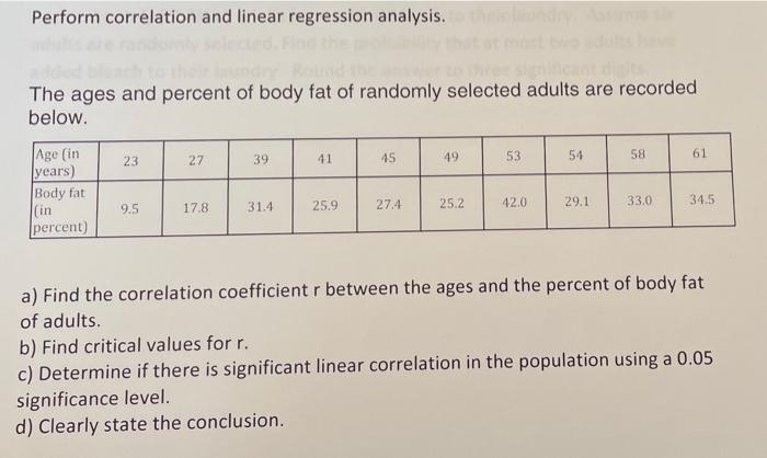 Solved Perform correlation and linear regression analysis. | Chegg.com