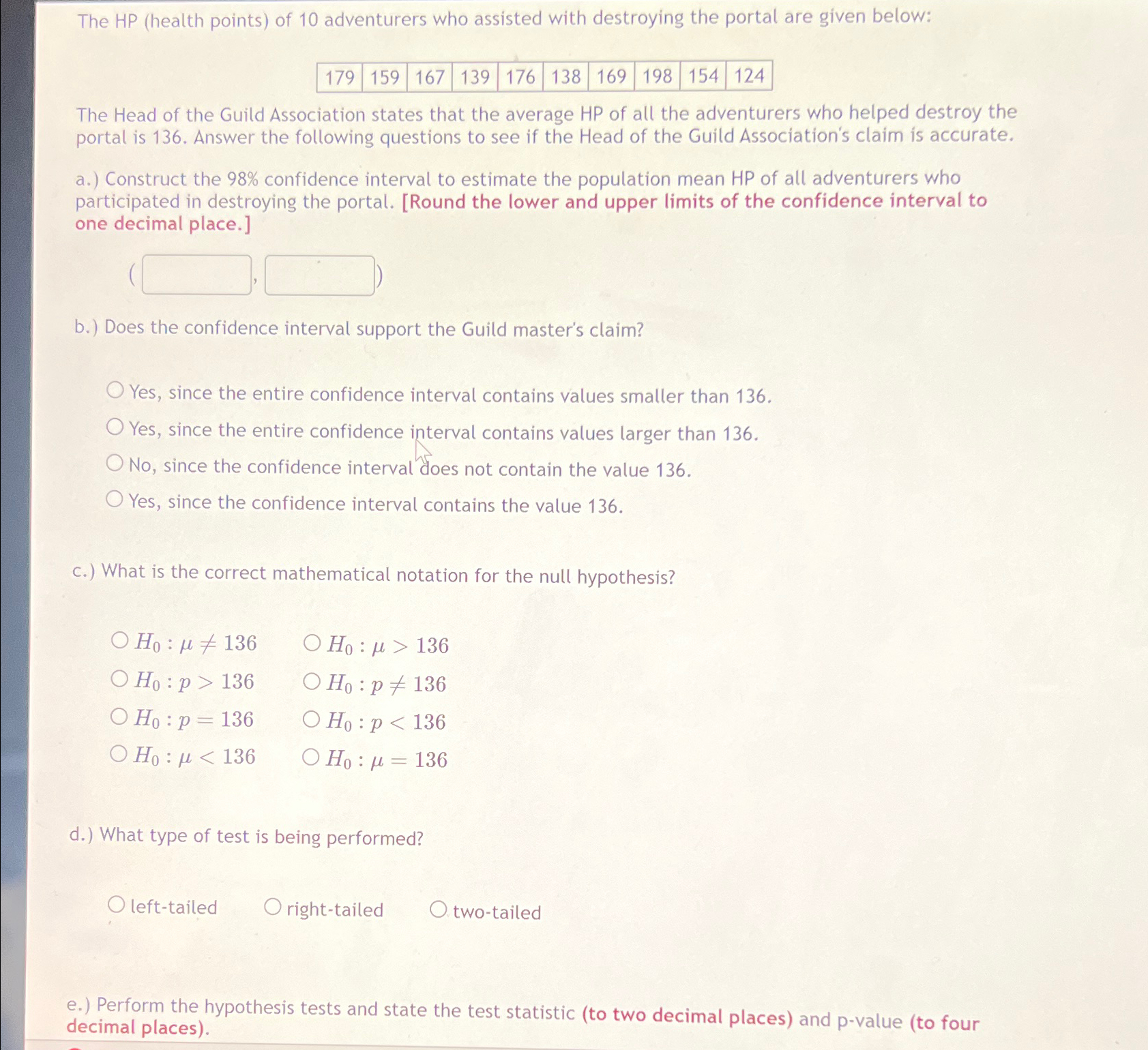 The HP (health points) ﻿of 10 ﻿adventurers who | Chegg.com