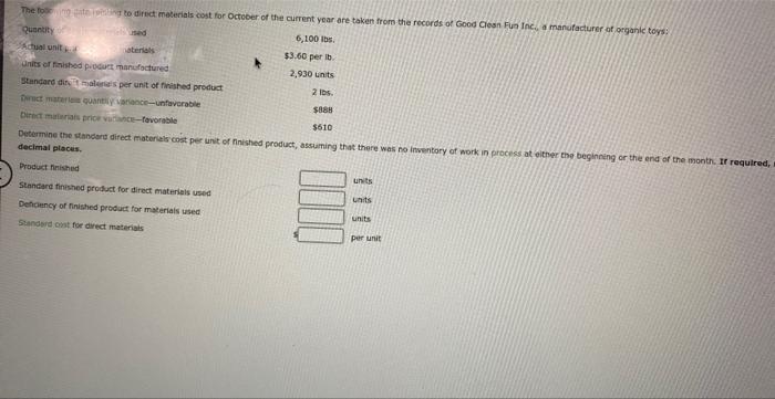 Solved Indard Direct Materials Cost per Unit from Variance | Chegg.com