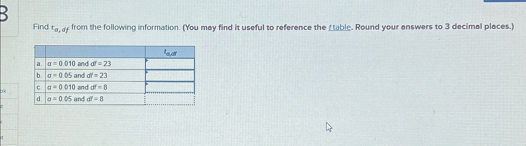 Solved Find ta,df ﻿from the following information. (You may | Chegg.com