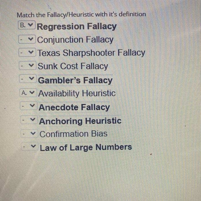 Solved V Match the Fallacy/Heuristic with it's definition B. | Chegg.com