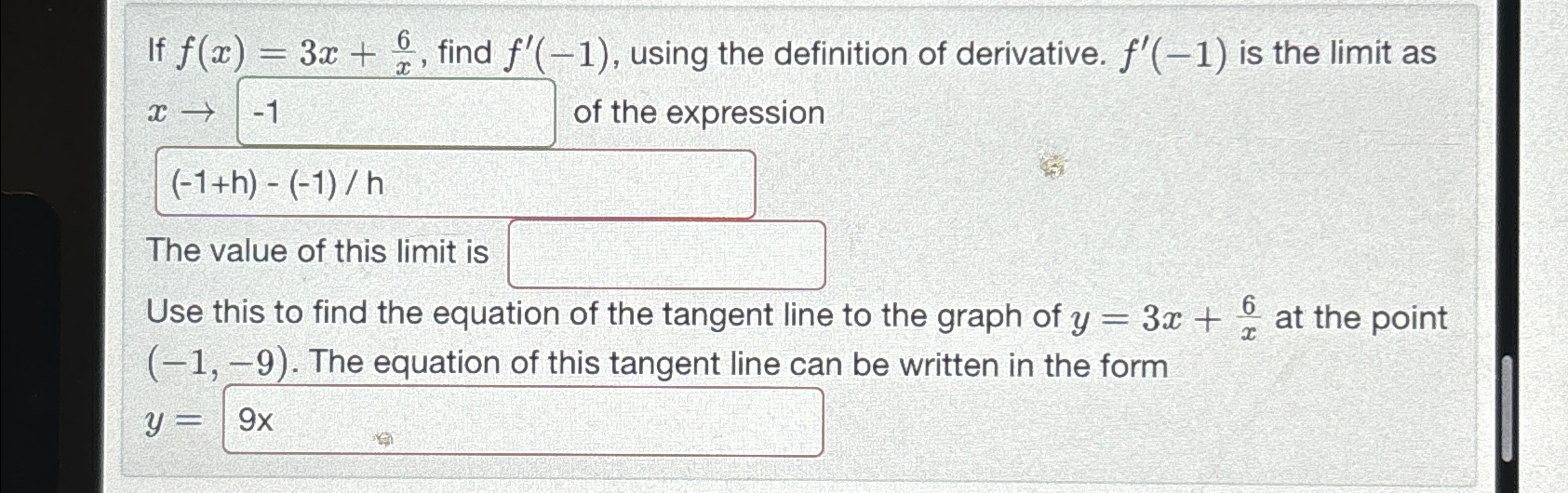 Solved If f(x)=3x+6x, ﻿find f'(-1), ﻿using the definition of | Chegg.com