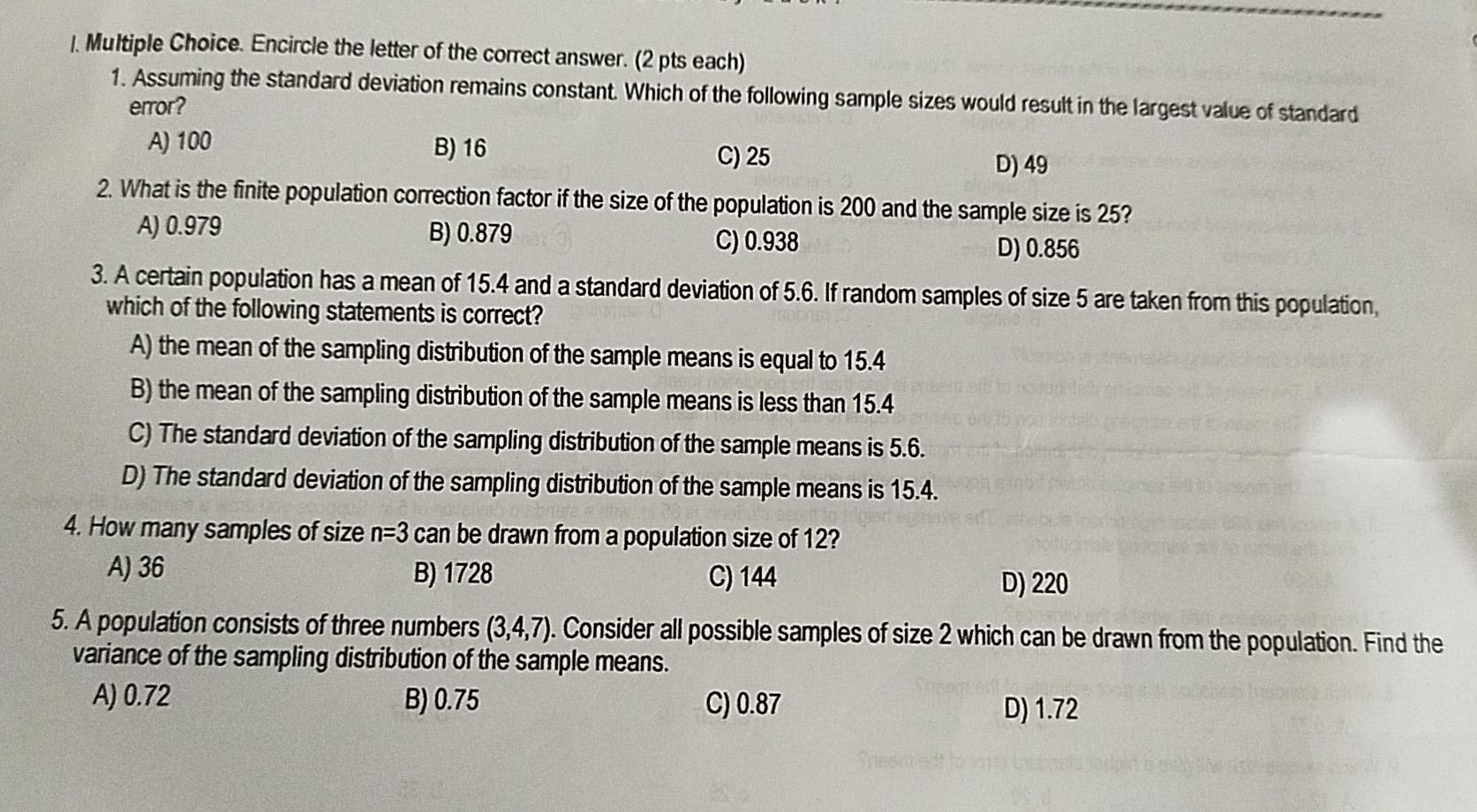Solved 1. Multiple Choice. Encircle the letter of the | Chegg.com