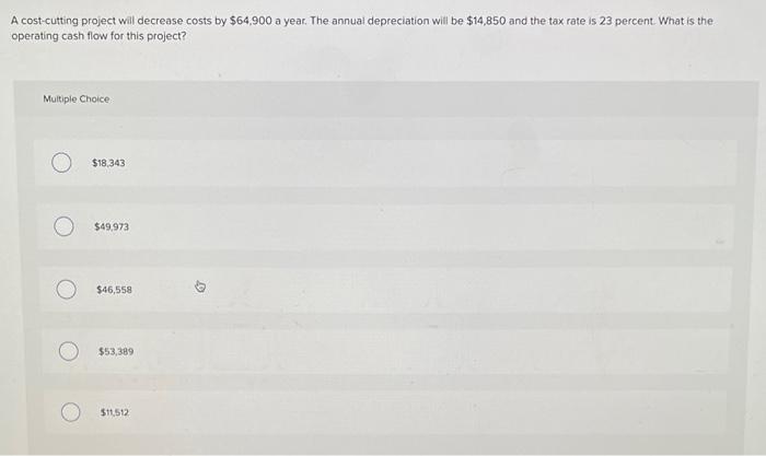 Solved A cost-cutting project will decrease costs by $64,900 | Chegg.com