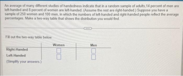Solved An average of many different studies of handedness | Chegg.com