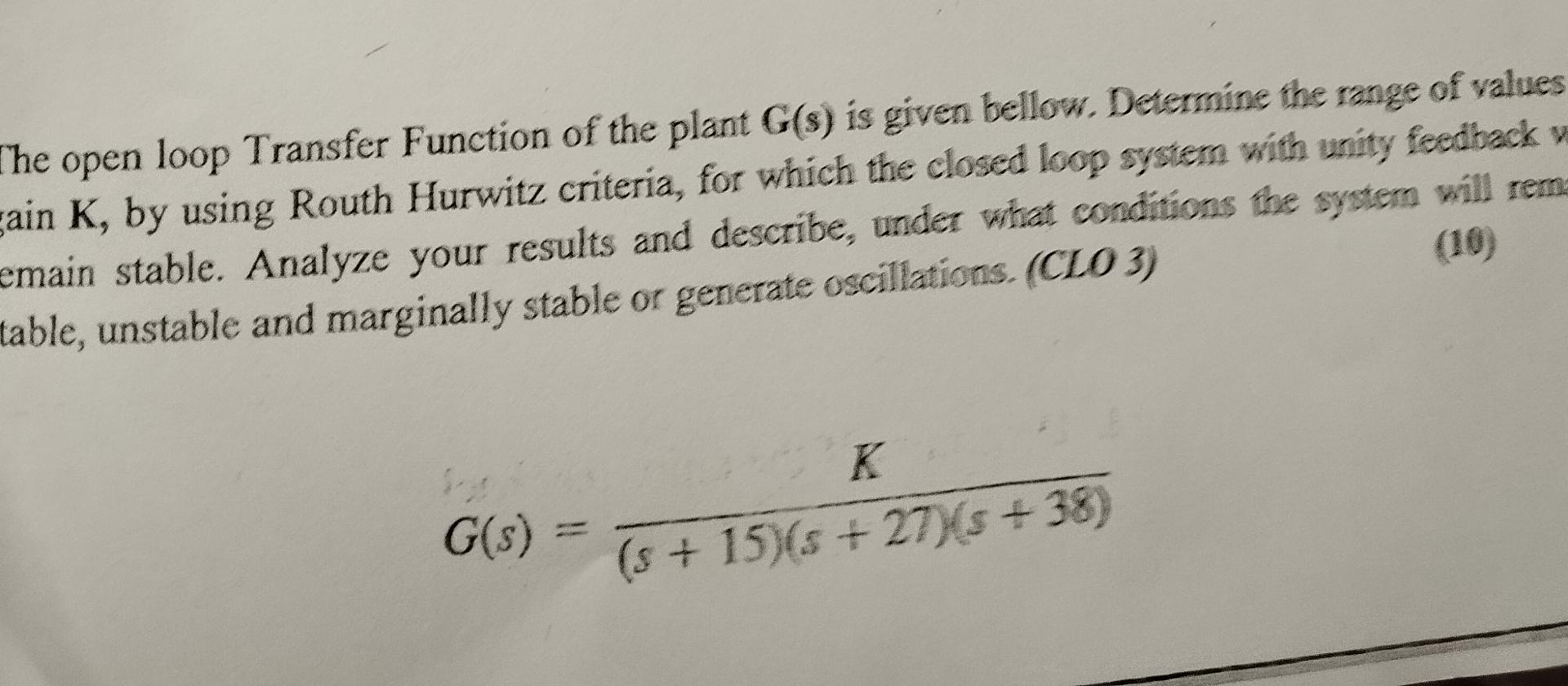 Solved The open loop Transfer Function of the plant G(s) ﻿is | Chegg.com