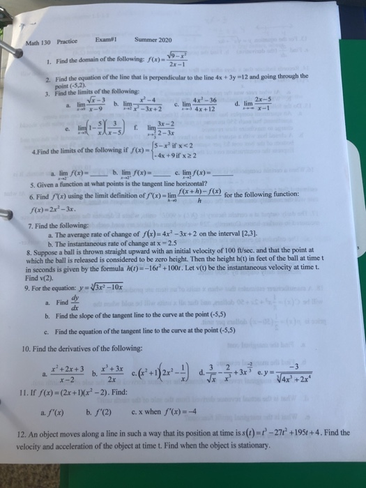point (-5.2) Math 130 Practice Exam Summer 2020 1. | Chegg.com
