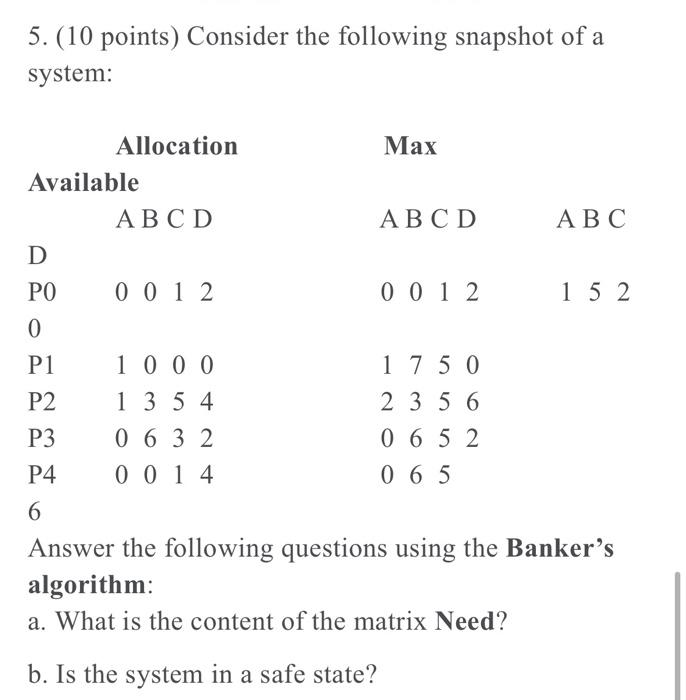Solved 5. (10 points) Consider the following snapshot of a | Chegg.com