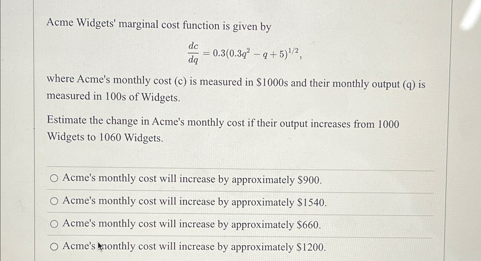 Solved Acme Widgets' marginal cost function is given | Chegg.com