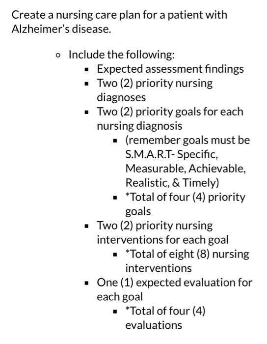 nursing care plan for a patient with ar's disease. | Chegg.com