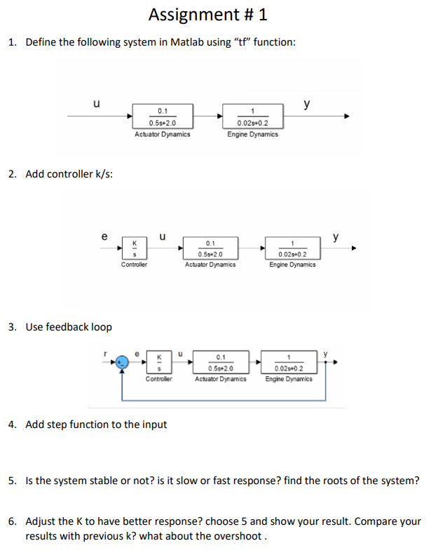 Assignment # 1Define the following system in Matlab | Chegg.com