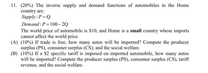 Solved 11. (20%) The inverse supply and demand functions of | Chegg.com