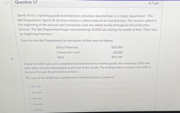 Solved Question 17 4.7 pts Sports-R-Us, a sporting goods | Chegg.com