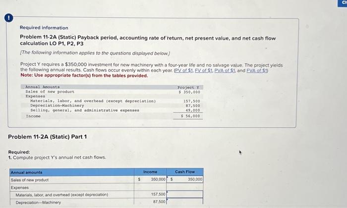 Solved Required information Problem 11-2A (Static) Payback | Chegg.com
