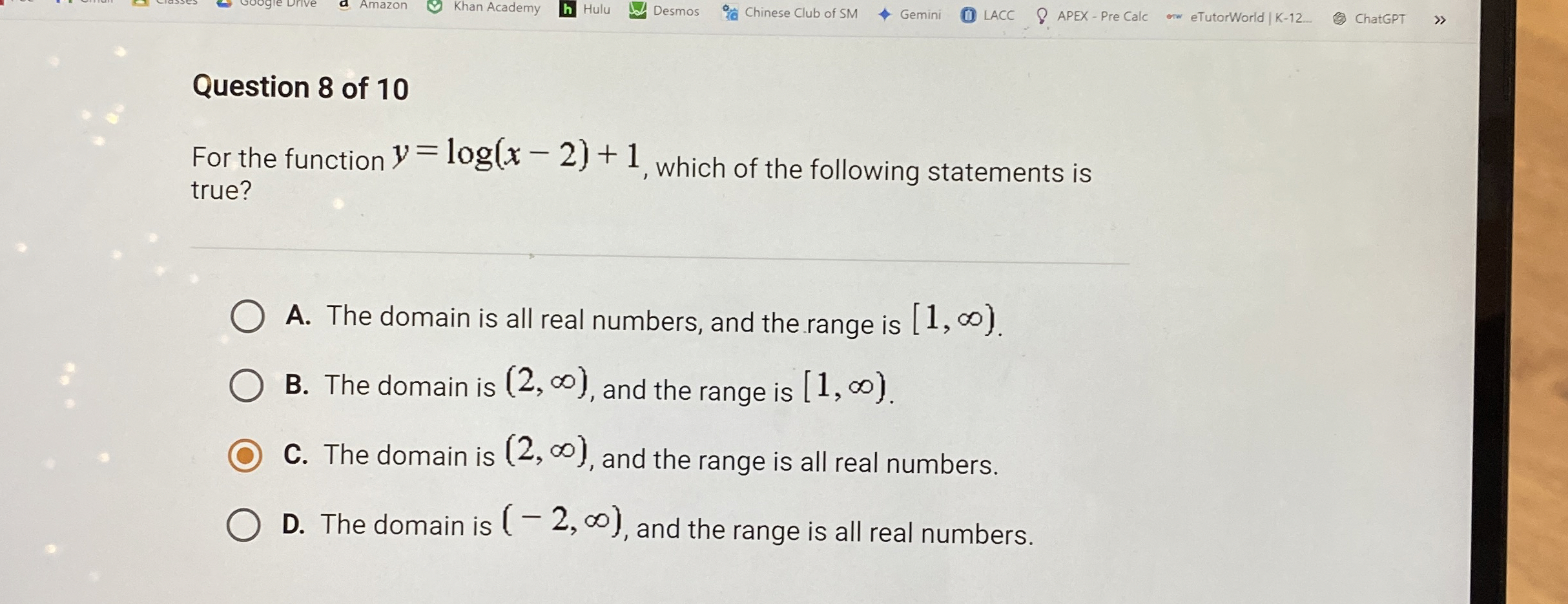 Solved Question 8 ﻿of 10For the function y=log(x-2)+1, | Chegg.com