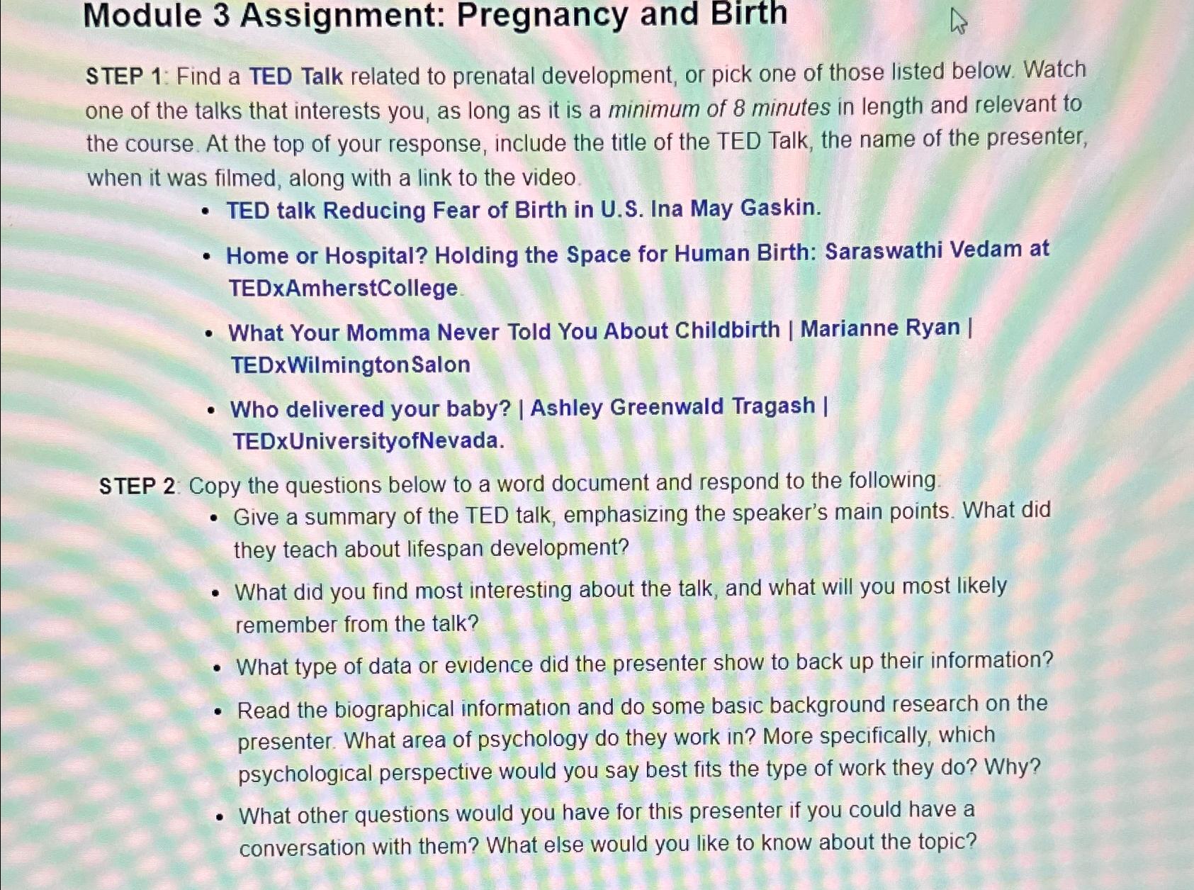 Solved Module 3 ﻿Assignment: Pregnancy and BirthSTEP 1: Find | Chegg.com