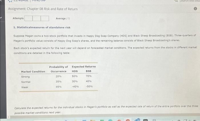 Solved 1. Statisticalmeasures of standalone risk Suppose | Chegg.com