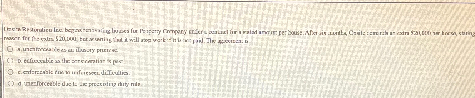 Solved Onsite Restoration Inc. begins renovating houses for | Chegg.com